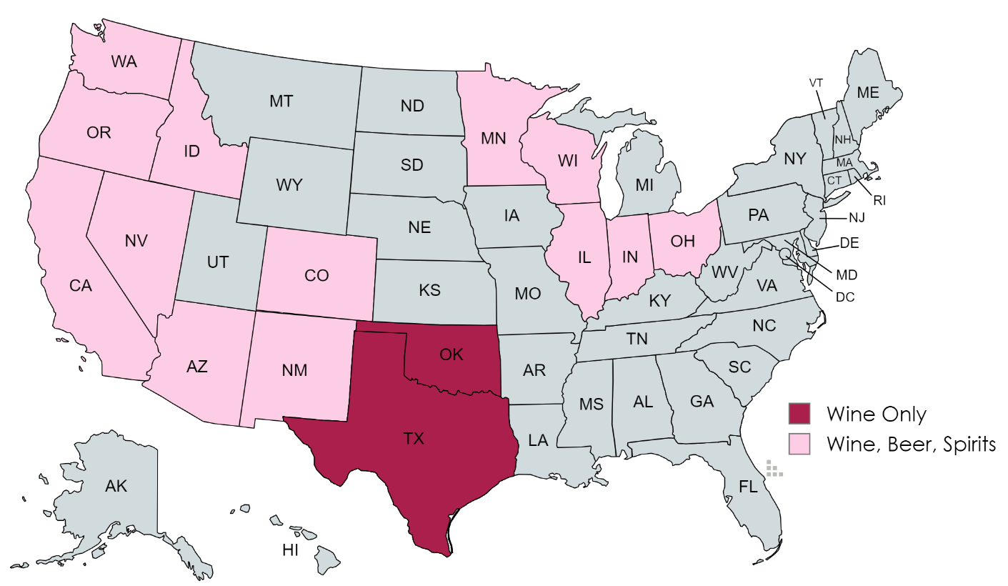 Eligible States for Shipping Alcoholic Beverages - Service Area Map